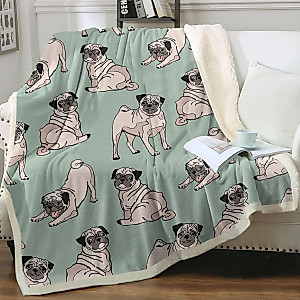 Sleepwish Pug Blankets for Kids Pug Fleece Throw Blanket Cute Pug Gifts for Girls Boys Soft Dog Animal Sherpa Blanket Pug Blankets and Throws for Couch Adults, Green (50" X 60")