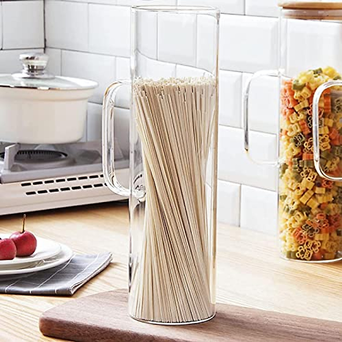 Yiozoi Bamboo Covered Noodle Storage with Handle, High Borosilicate Glass Sealed Kitchen Pasta Food Container