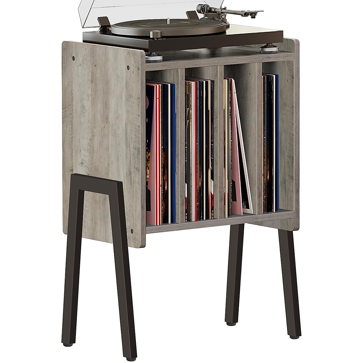 TUTOTAK Record Player Stand, Record Storage Table, End Table with Vinyl Holder Display Shelf, Side Table, Turntable Stand, Nightstand (Greige)