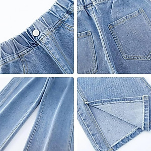 birbyrrly Girls Wide Leg Jeans Kids Baggy Elastic Waist Casual Denim Pants with Pockets Split Blue Tag 150-9-10 Years