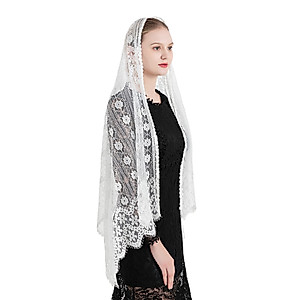 PAMOR Women Chapel Veil Rectangular Mantilla Wrap Shawl Scarf Head Covering Catholic Veils for Church (White)