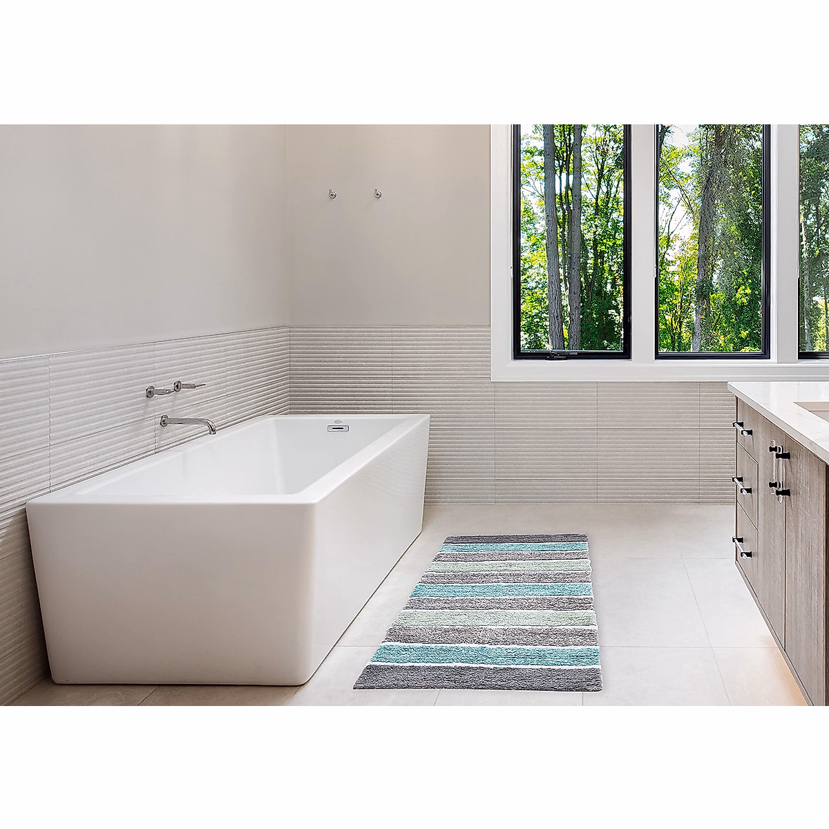 Chardin home Cordural Stripe Bath Rug Runner with Skid Resistant Latex Spray Underneath. Mint Green/Grey, 24" W x 60'' L