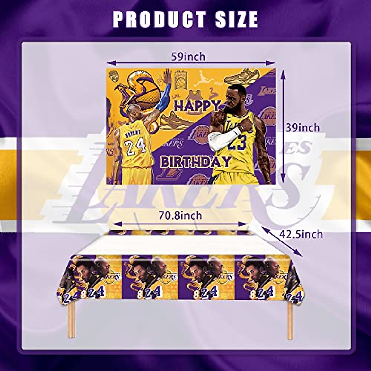 Lakers 24 Birthday Party Supplies for Men Boys Adults Kobe Bryant and Lebron James Basketball Game Theme Party Decorations Including Plates and Cups Tablecloth Backdrop Cake Toppers Backdrop