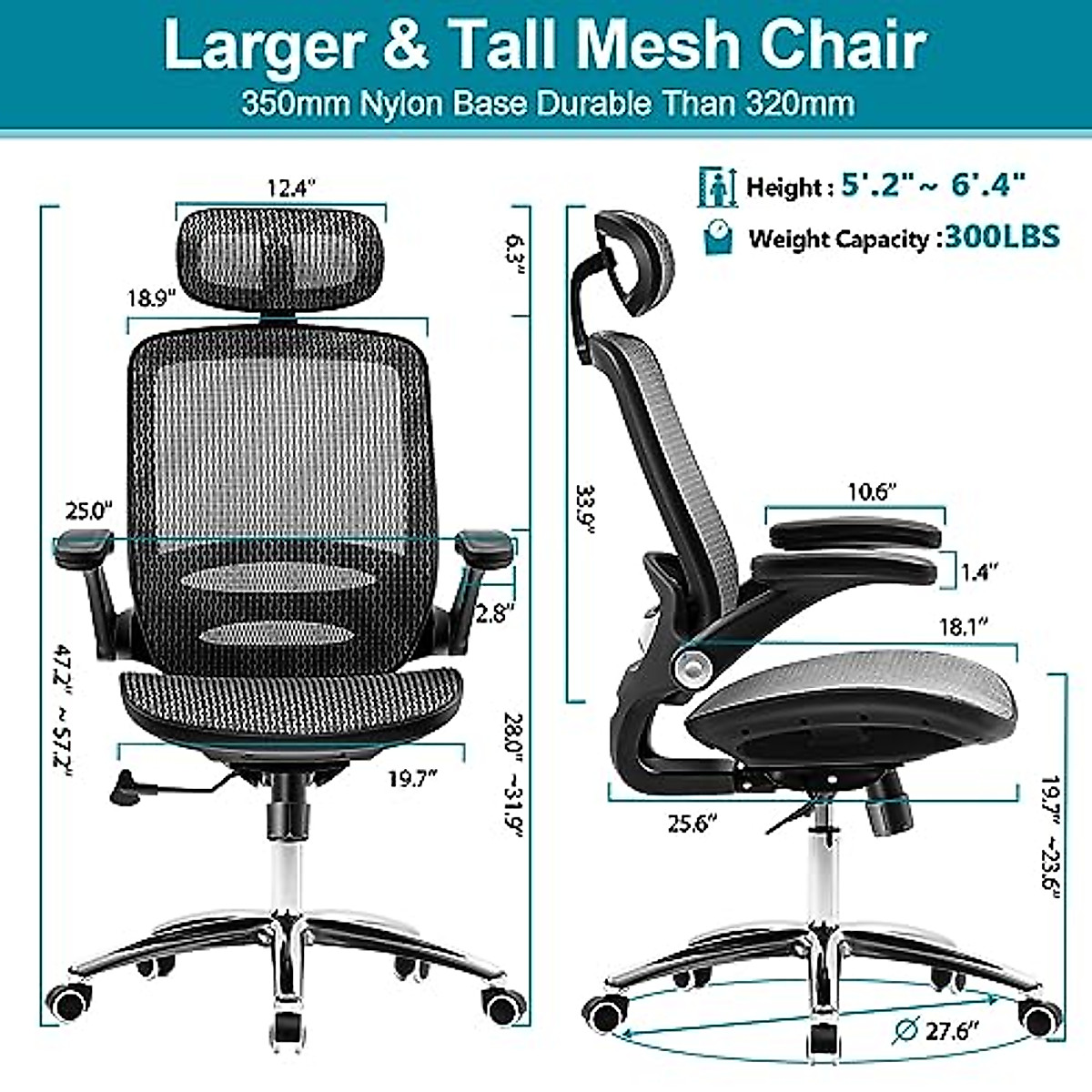 Ergonomic Mesh Office Chair, High Back Computer Mesh Desk Chair with Adjustable 2D Headrest & Flip Up Arms, 135°Tilt Function, Mesh Seat, Breathable Swivel Executive Task Chair for Tall People