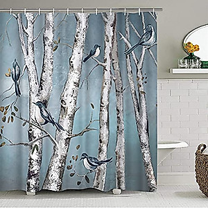 DuoBaorom 4 Pieces Set Birch Tree Shower Curtain Set Abstract Blue White Forest Birds Picture on Non-Slip Rugs Toilet Lid Cover Bath Mat and Bathroom Curtain with 12 Hooks 72x72inch