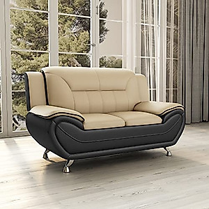 Container Furniture Direct Michael Modern Faux Leather Upholstered Stainless Steel Legs Living Room, Sofa, Loveseat, Black Camel