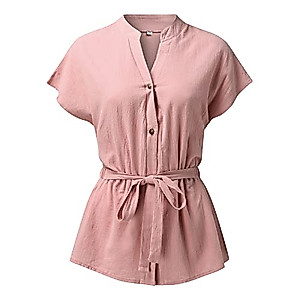 Blouses for Women Dressy Casual Summer,Women Summer Fashion Casual Striped Printed T-Shirt Button Down Short Sleeve Tunic Top,T Shirts for Women Cotton Graphic