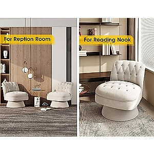 Dewhut Modern 360 Degree Swivel Velvet Barrel Accent Chair, Comfy Side Corner Sofa Chair for Small Space, Button Tufted Upholstered Armless Chair for Living Room, Bedroom, Office, Vanity(Beige)