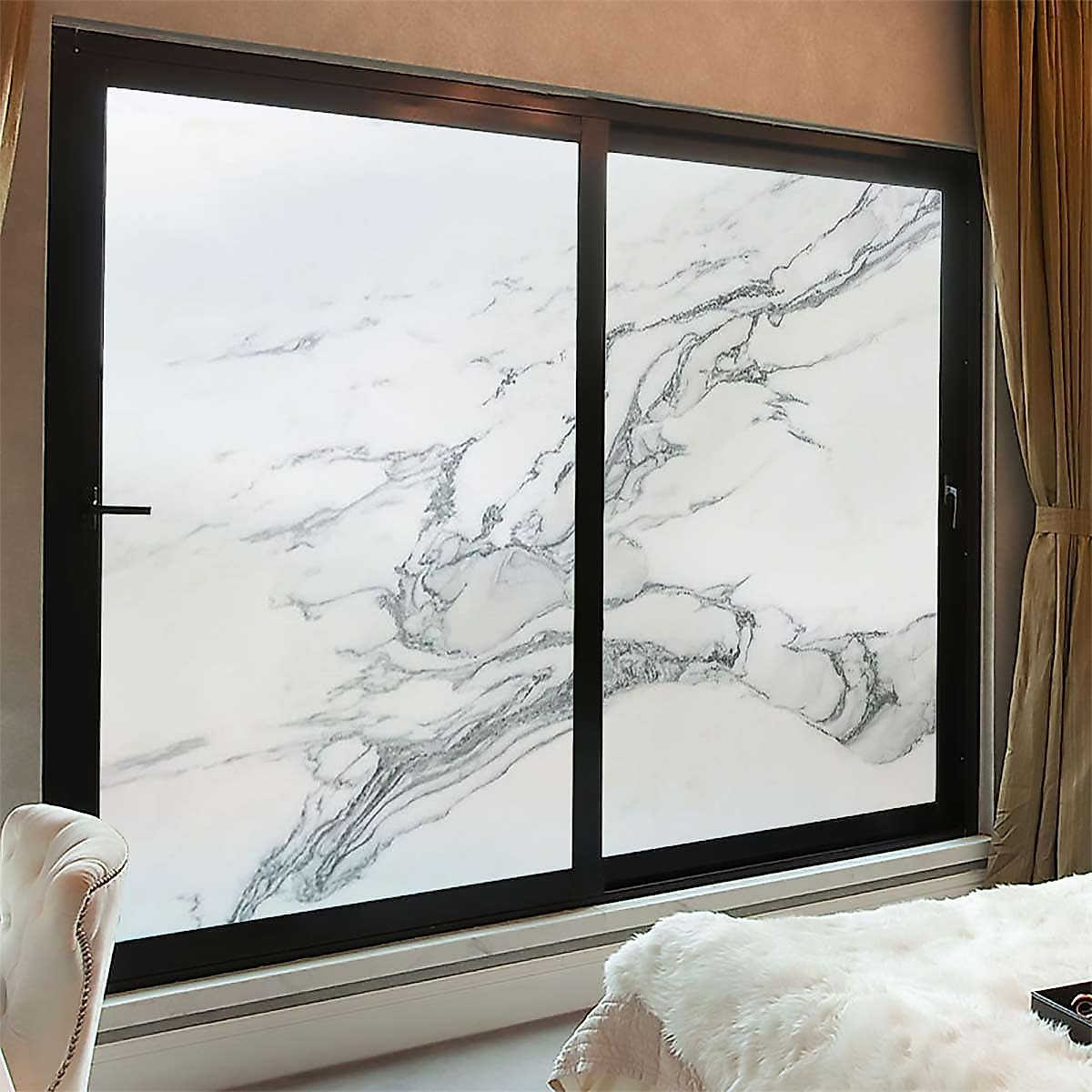 White Blue Window Film Privacy Window Film,Kitchen Decoration for Bathroom Kids Room Sliding Door, Antique Marble Textured Frosted Glass Film 23.6Wx35.4L-inch x2 Pcs