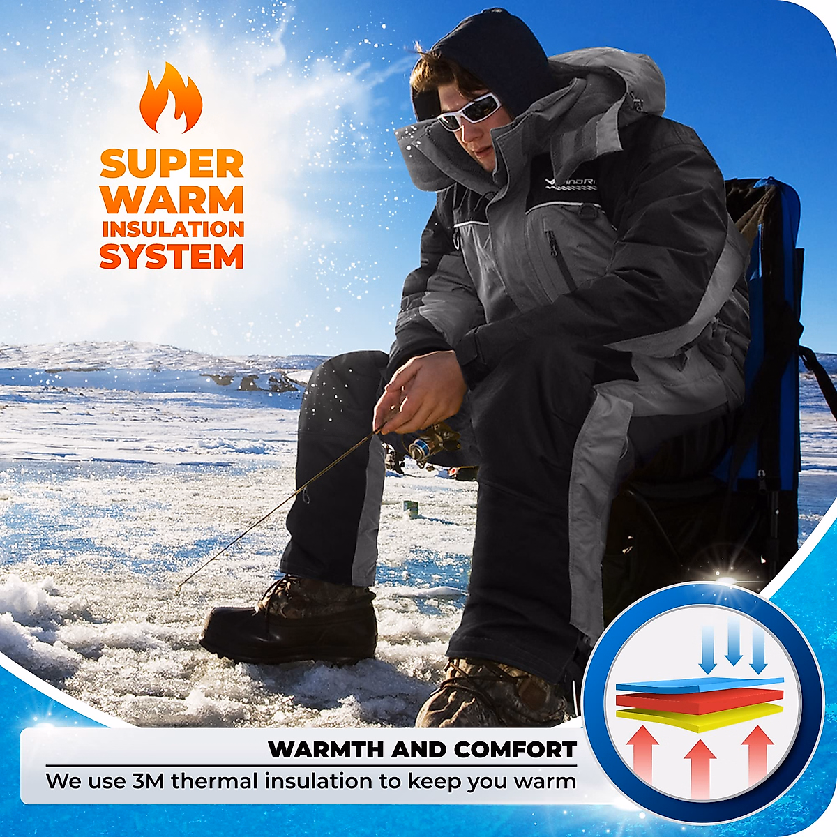 WindRider Ice Fishing Suit | Insulated Bibs and Jacket | Flotation | Tons of Pockets | Adjustable Inseam | Reflective Piping | Waterproof Gear for Ice Fishing and Snowmobiling (Small)