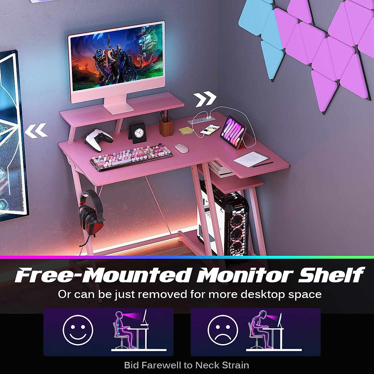Giantex L Shaped Gaming Desk with Outlets & USB Ports, Small Computer Desk with Monitor Shelf, Headphone Hook, Storage Shelf & Host Stand, Modern Corner Gamer Workstation for Home Office (Pink)