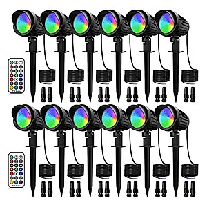 MEIKEE 15W RGB Landscape Lights, DC/AC 12V 24V Low Voltage Landscape Lights, RGB Color Changing LED Landscape Lighting, IP66 Waterproof Outdoor Lights with Connectors for Garden Path Yard (12 Pack)