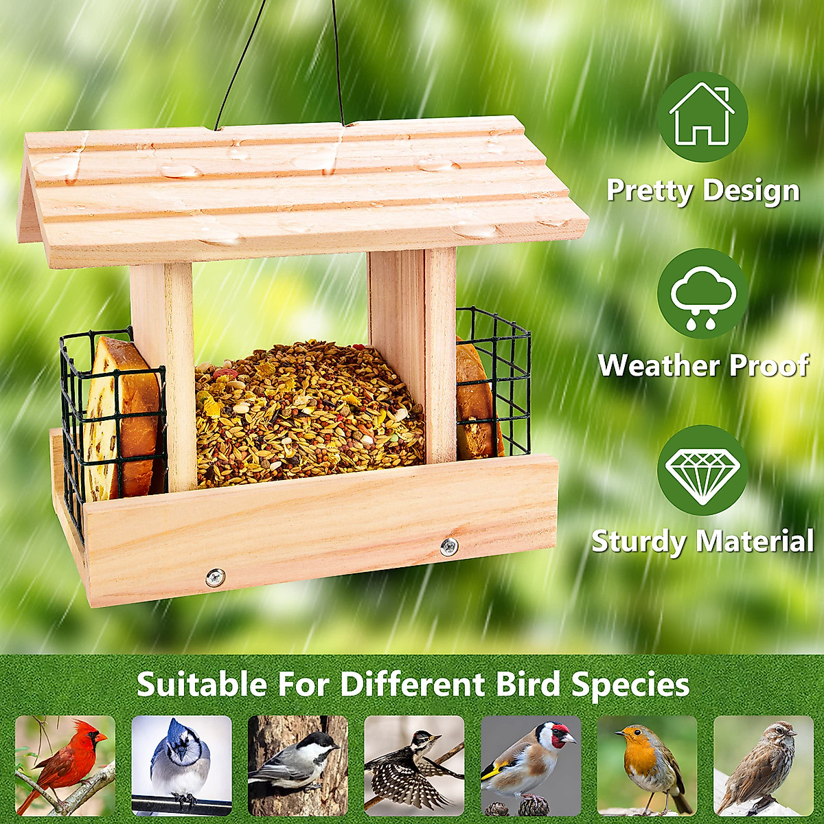 Bird Feeders for Outdoors Hanging - Wooden Bird Feeder Hopper, Cardinal Bird House Feeder, Large Bird Feeder with Suet Holder for Outside, Wild, Outdoors Hanging Pole