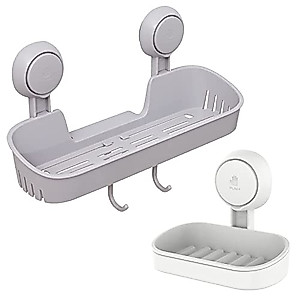LEVERLOC Soap Holder Shower Caddy with 4 Hooks for Shower Suction Cup Wall Mounted NO-Drilling Removable Waterproof Strong Vacuum Suction Holder for Shower Bathroom Bathtub Kitchen
