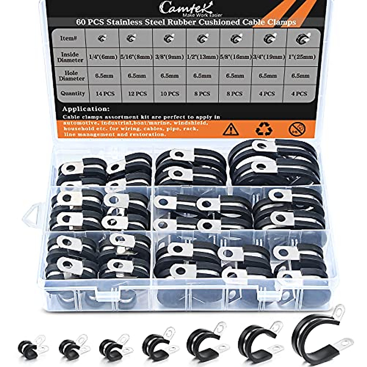 60PCS Cable Clamps Assortment Kit, Camtek Stainless Steel Rubber Cushion Pipe Clamps Hose Clamps Metal Clamp Fuel Line Hose Water Pipe Air Tubing Clamp 7 Sizes 1/4'' 5/16'' 3/8'' 1/2'' 5/8'' 3/4'' 1''