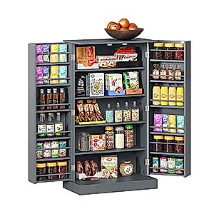 Yusong Kitchen Pantry Storage Cabinet with Doors and Adjustable Shelves, 41" Freestanding Utility Cupboard Cabinets for Dining Room, Living Room, Grey