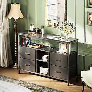 Huuger TV Stand Dresser with Power Outlets and LED Lights, 4 Drawers Entertainment Center with Open Shelf, Media Console for 50 43 Inch TV, Dresser with PU Finish, Black