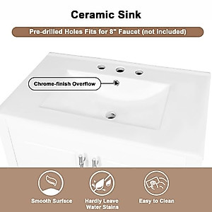 AnwickNomo 30" Bathroom Vanity with Sink Combo, Modern Multi-Functional Bathroom Cabinet with Doors and Drawers, Narrow Depth Bath Vanities,Solid Frame and MDF Board, Large Storage Space (White)