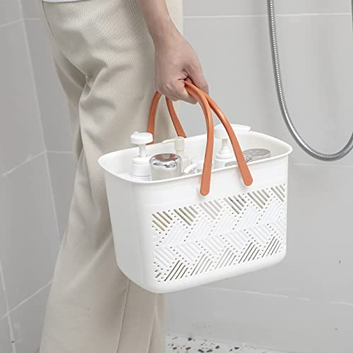 Andmey Portable shower caddy Tote, Plastic Storage Caddy Basket with Handle for College, Dorm, Bathroom, Garden, Cleaning Supplies, White