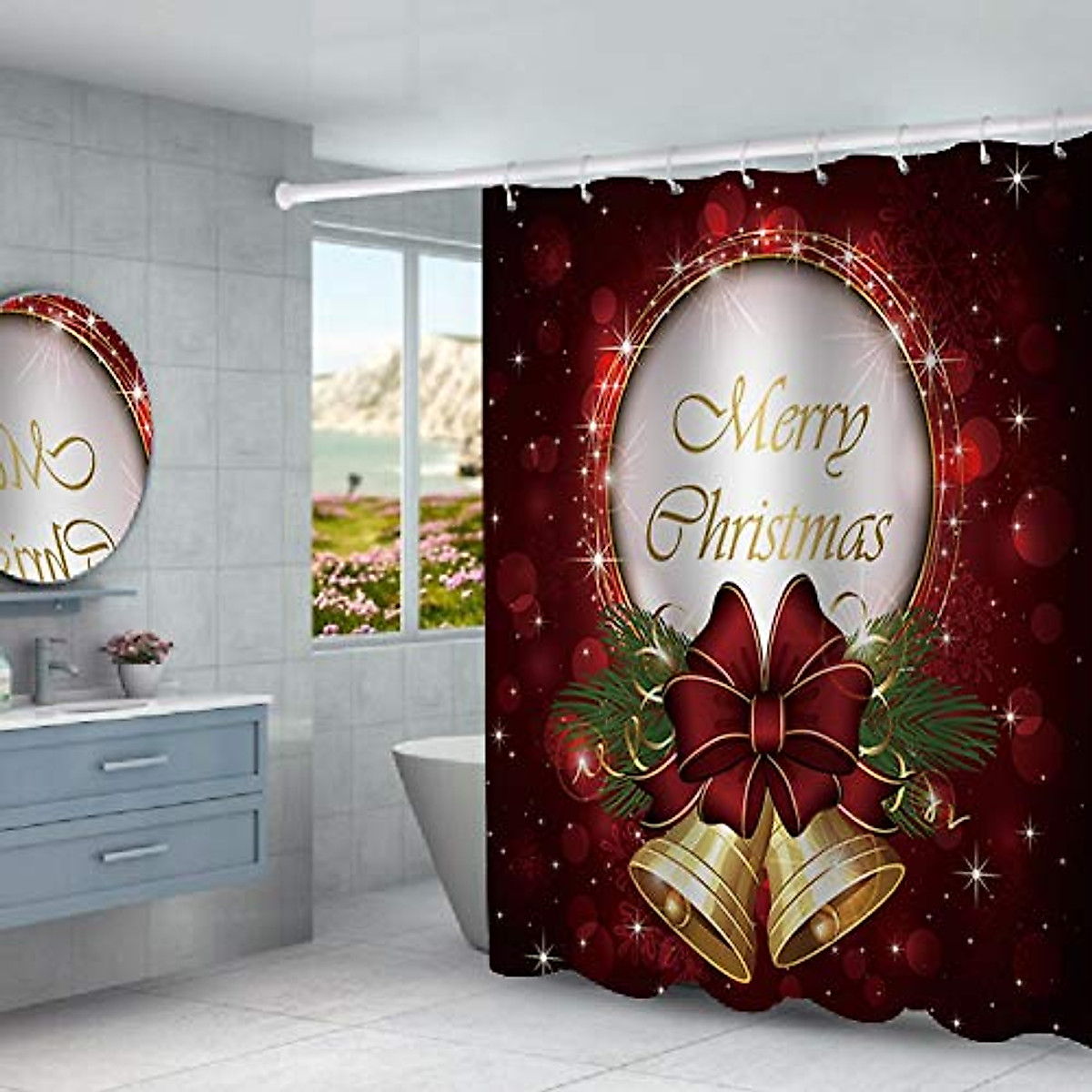 ZanLa Christmas Shower 4PCS Set Merry Christmas Shower Curtain Bathroom Floor Mat Base Mat Toilet Mat Christmas Bathroom Decoration