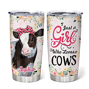Hyturtle Personalized Gifts For Cow Lover - Birthday Christmas - Just A Girl Who Loves Cows Custom Name Stainless Steel Tumbler 20oz With Lid - Cow Heifer Lover Gifts For Her Women Girl Daughter