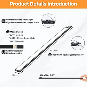 Aipolloo Under Cabinet Lighting Motion Sensor Dimmable Closet Light, 69-LED Under Counter Lights 3000mAh Wireless USB Rechargeable Magnetic Stick-On Night Light for Kitchen, Wardrobe, Cupboard