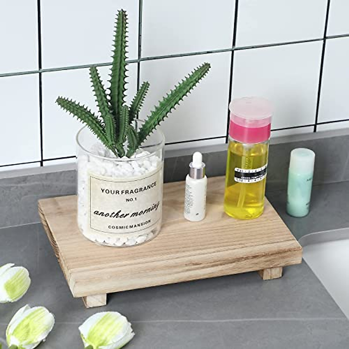 Wood Riser Tray Soap, Stand Soap Tray for Kitchen Sink, Wood Pedestal for Kitchen Counter Sink Stand Decorative Rustic Bathroom Dishes for Plant Bottles Candles Display (Natural, 9 x 6 Inch)
