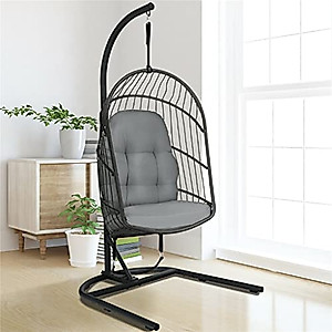 SAWQF Hanging Wicker Egg Chair w/ Stand Cushion Foldable Outdoor Indoor Beige/Gray ( Color : E )