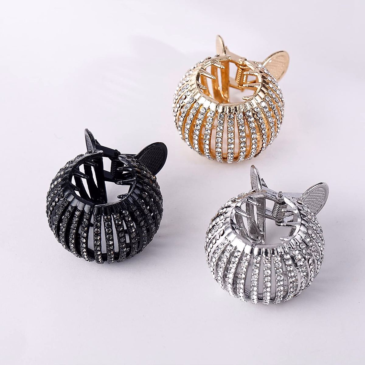 FRDTLUTHW Rhinestone Small Hair Claw Clips for High Ponytail, Shining Shark Hair Clips for Women Thick Long Hair (3 Colors, Pack of 3)