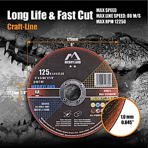 Merryland Cut Off Wheel 5 inch for Angle Grinder, Metal Cutting Wheel 5 X .045 X 7/8 Ultra Thin 50 Pack, Iron Stainless Steel Cutting Disc, Craft-Line C13081042