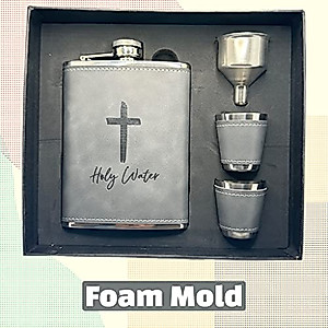 Holy Water Flask Gift With 2 Cups. 8 Oz Hip Funny Flask, Stainless Steel & Stamped Leather Wrapped Style With Gift Box. ChristmasGift For Men, Dad, brother or Groom. (Holy Water)