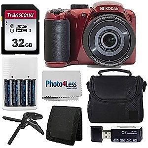 Kodak PIXPRO AZ255 Digital Camera (Red) + Point & Shoot Camera Case + 32GB SD Memory Card + Rechargeable Batteries & Charger + USB Card Reader + Table Tripod + Accessories