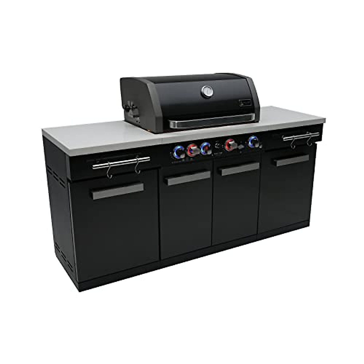 Mont Alpi MA-957 5-Burner 63000 BTU Black Stainless Steel Outdoor Kitchen Bar Gas Island Grill w/ Infrared Rear Burner + Rotisserie Kit + Granite Countertop + Storage Cabinets & Full Weather Cover