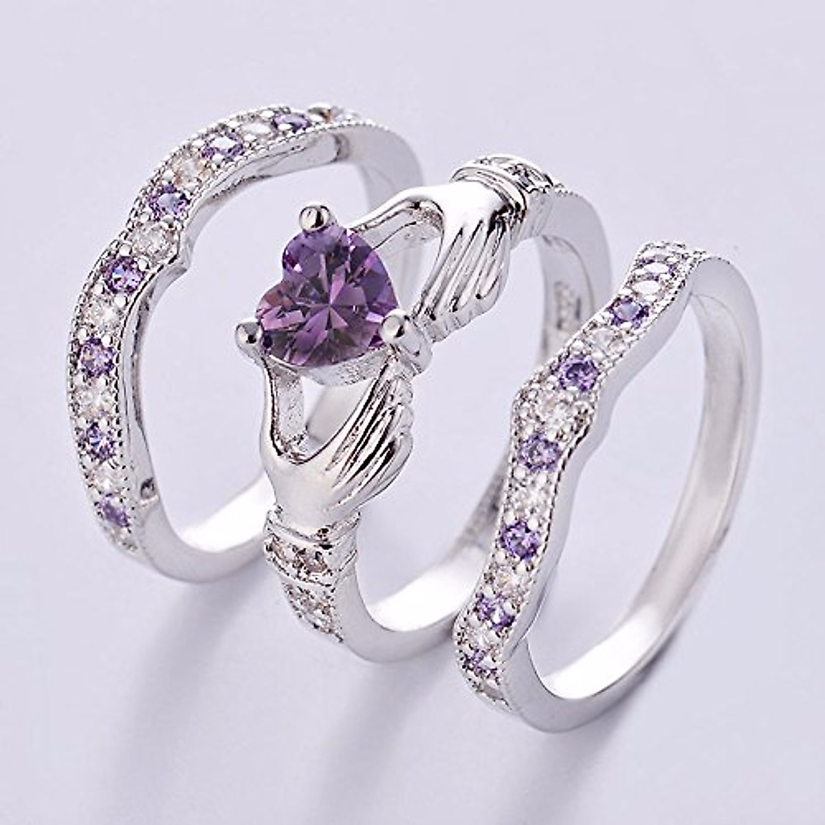 suchadaluckyshop 3PCs Irish Claddagh Celtic Heart Amethyst 925 Silver Wedding Ring Bridal Set New (10)