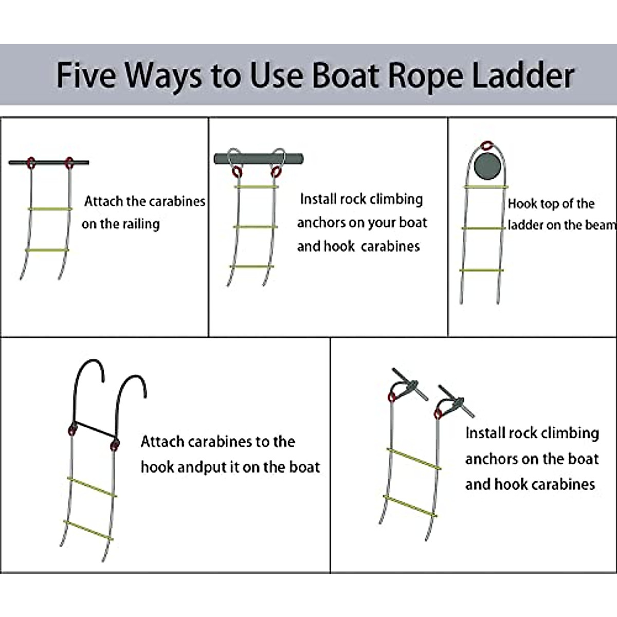 Boat Rope Ladder, 5 Step Heavy Duty 400Lbs Strength Rope Ladder for Inflatable Boat, Fishing Boat, Kayak, Motorboat, Canoeing, Extra Long Portable Marine Boarding Rope Ladder (Black)