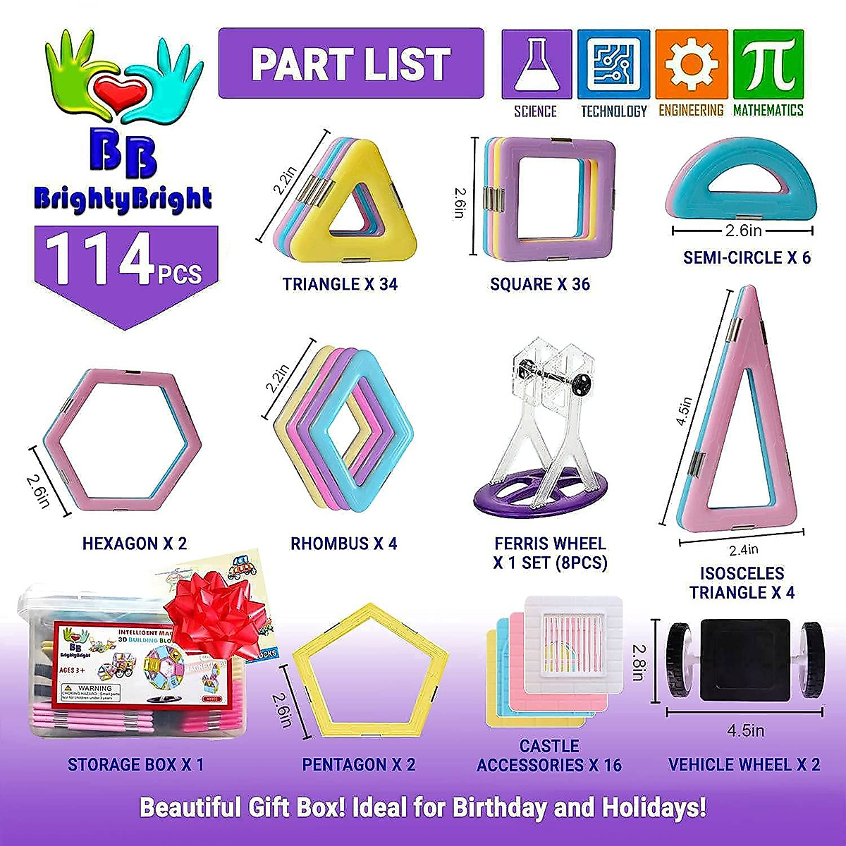 BrightyBright Magnetic Blocks Castle Building Toys Intelligent 3D STEM Educational Game for Kids Toddlers Boys Girls Magnet Tiles Set 114 Pc Best Gifts for Kids, Multicolor