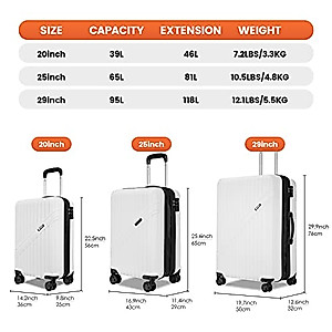 PRIMICIA GinzaTravel Luggage Sets 3 Piece Expandable Suitcases with Wheels PC+ABS Durable Hardside Luggage sets TSA lock (White, 3-Piece Set(20"/25"/29"))