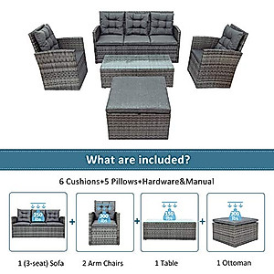 SIYAHOME Conversation 5 Piece UV Outdoor Patio Storage Bench Garden Furniture, PE Modular Set, All Weather Rattan Sofa Dining Table Chair, Grey Wicker, Gray