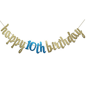 Happy 10th Birthday Glitter Garland Banner-Happy 10th Birthday Party Supplies (Gold & Blue)