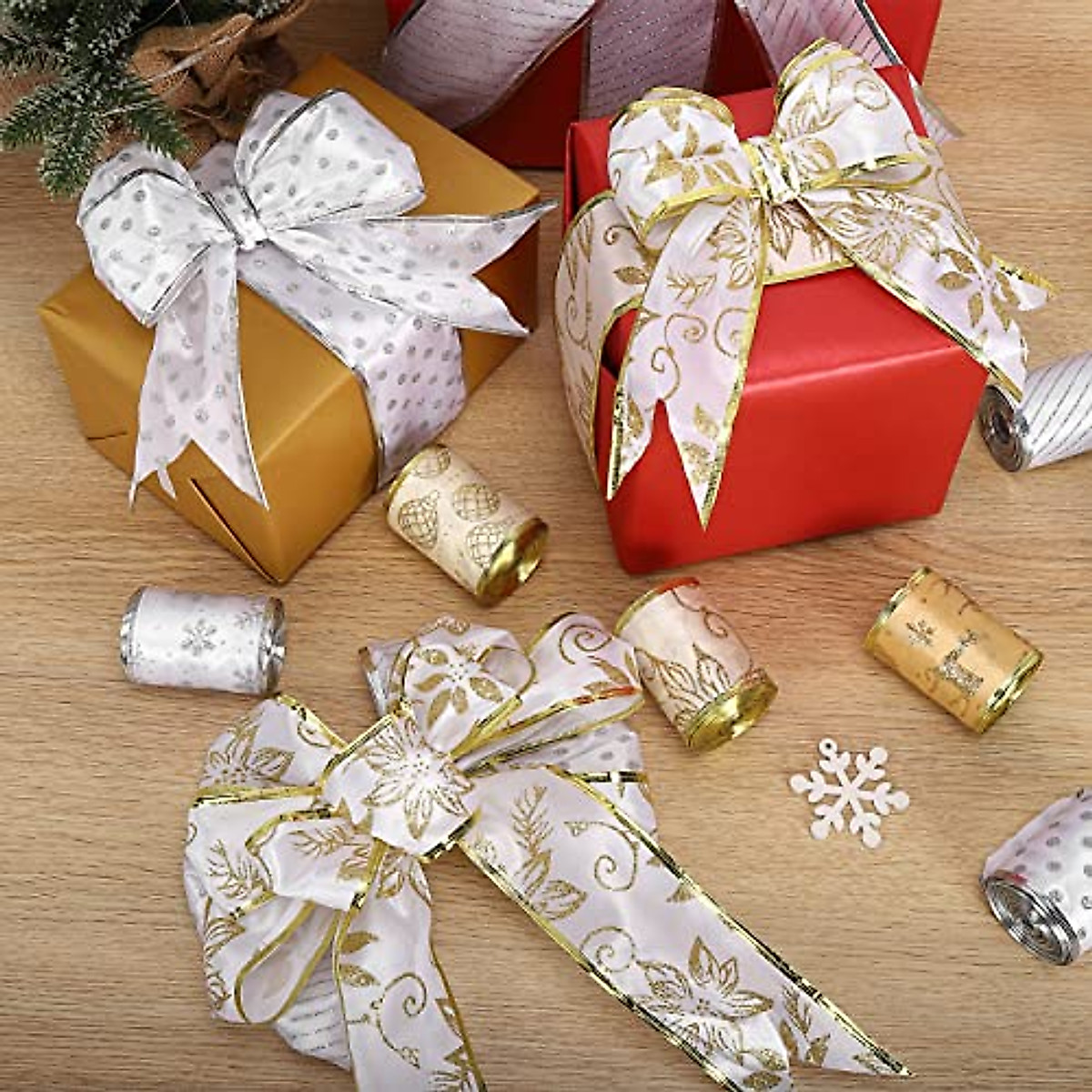 FairyLee 6 Rolls Christmas Wired Ribbon, Assorted Glitter Satin Ribbon White Gold Ribbon for Christmas Tree Bow Gift Wrapping Wreath Bouquet DIY Crafts, 2.5 Inch 6 Yards Each Roll