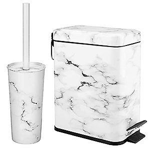 mDesign Metal Freestanding Slim Toilet Bowl Brush and Holder + Rectangle Narrow 5 Liter / 1.3 Gallon Step Pedal Trash Can Wastebasket for Bathroom - Small, Compact Design - Set of 2 - White Marble