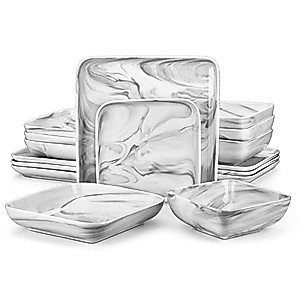 MALACASA Plates and Bowls Sets, 16 Piece Porcelain Square Dinnerware Sets for 4, Marble Dish Set with Dinner Plates, Dessert Plates, Soup Plates and Bowls, Modern Dishes Dinnerware Set, Series IVY