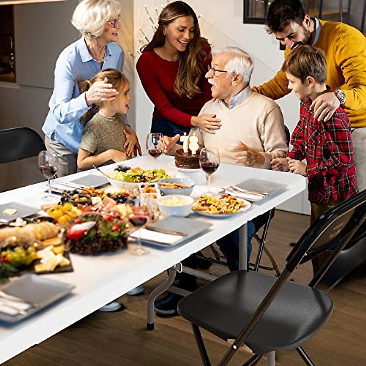 VINGLI 6 FT Plastic Folding Table Set with 8 Black Folding Chairs for Picnic, Event, Training, Outdoor Activities, at Home and Commercial Use