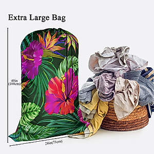 Swono Tropical Flowers Drawstring Closure Dirty Clothes Bag Organizer, Heavy Duty Large Laundry Bag, Floral Pattern Botanical Hibiscus Palm Leaf Bird Summer Rip-Stop Bags for Camp Travel