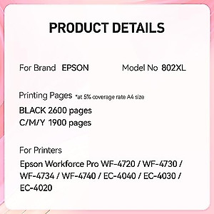 Panda 802XL Ink Cartridge remanufactured for epson 802XL T802 use with Epson Workforce Pro WF-4720 WF-4730 WF-4740 WF-4734 EC-4020 EC-4030 Wireless All-in-one Color Inkjet Print Copy scan Printer Ink