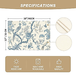 Artoid Mode Bird Floral Leaves Chinoiserie Placemats Set of 4, 12x18 Inch Branches Spring Table Mats for Party Kitchen Dining Decoration