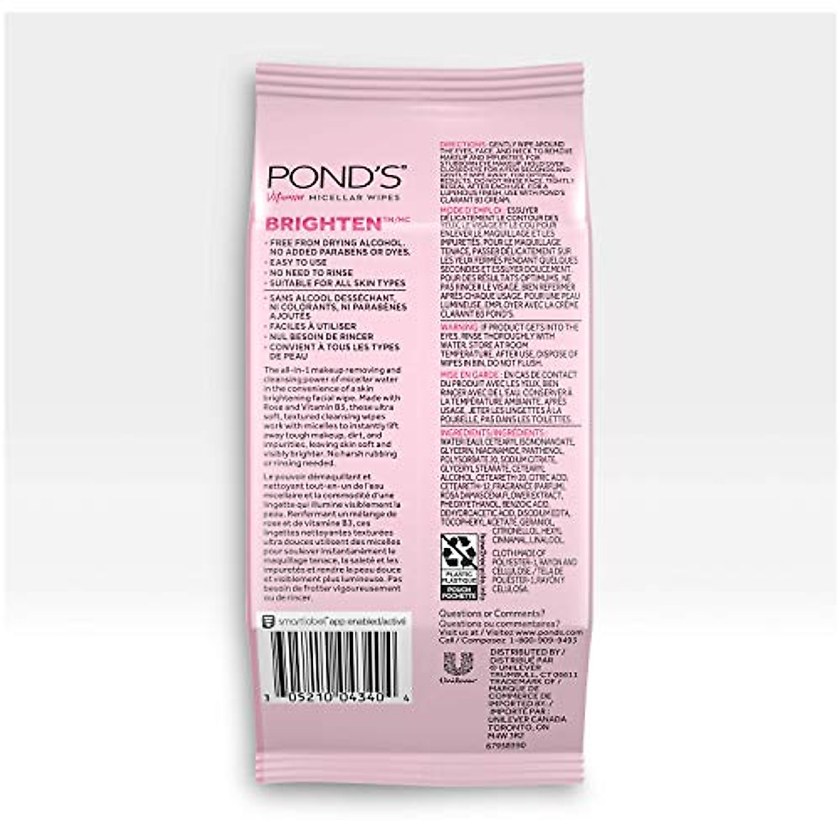 Pond's Vitamin Micellar Wipes For Dark Spots Brighten Rose Removes Waterproof Makeup 25 Wipes