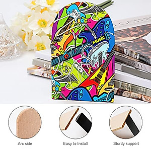 Music Theme Book Ends 2 Piece Universal Heavy Duty Bookends Non-Skid Wood Books Stopper Desktop Organizer Office School Library Home Bookshelves Decor for Men Women Magazines CDs 6.7"x4.7"