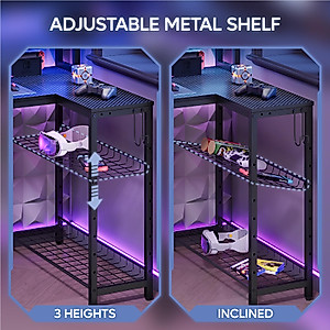 Bestier Gaming Desk with Power Outlet, 71.5 inch LED Computer Desk with Monitor Stand, L Shaped Large Desk with Metal Shelf, Cup Holder & Headset Hooks, Corner Desk for Bedroom 3D Carbon Fiber