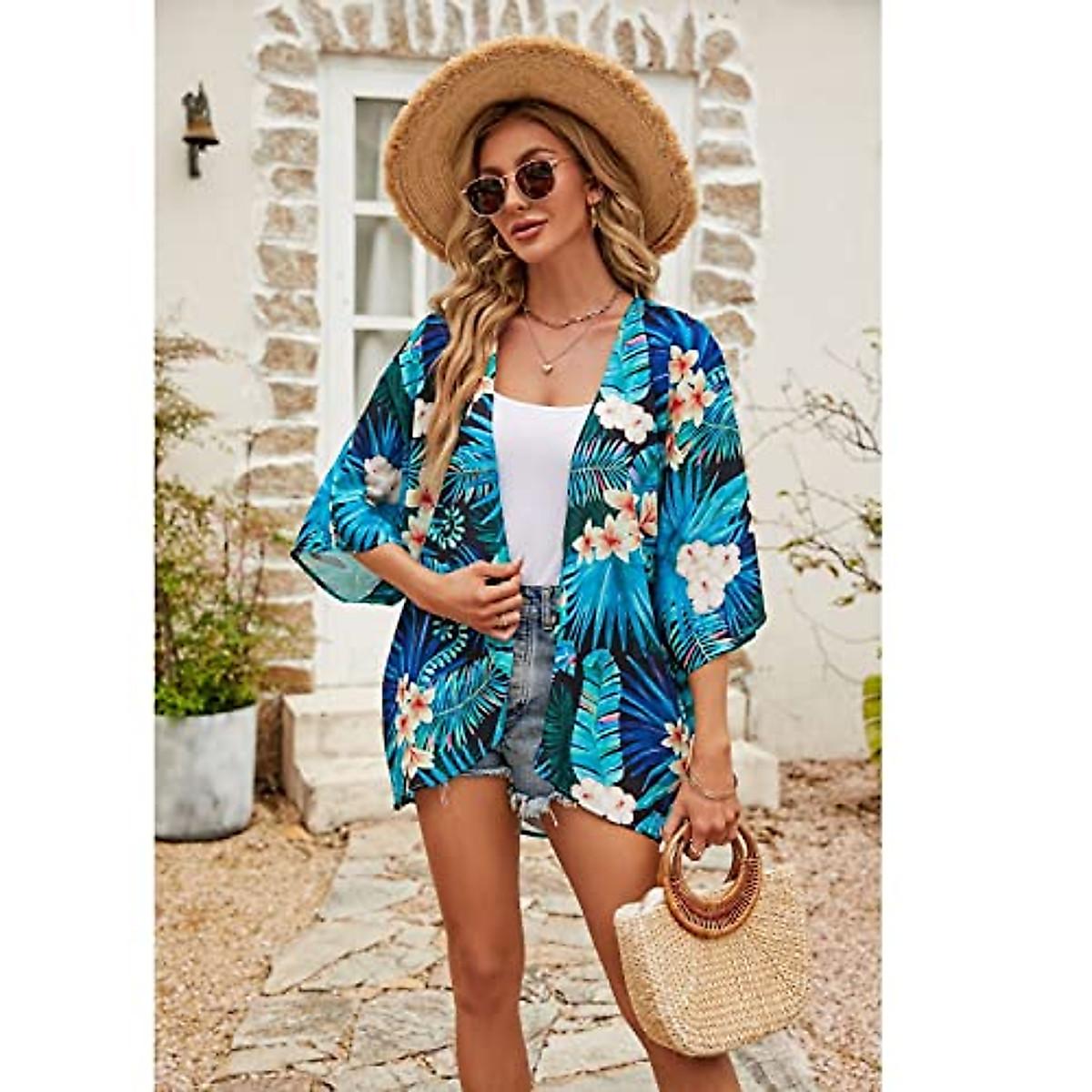 Women Chiffon Kimono Cardigans Tropical Tops Hawaiian Shirts Summer Beach Sheer 3/4 Sleeve Leaf Print (Black, M)